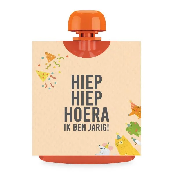 Hoera dieren knijpfruit wikkel - Vier je verjaardag met Meneerbollie.nl